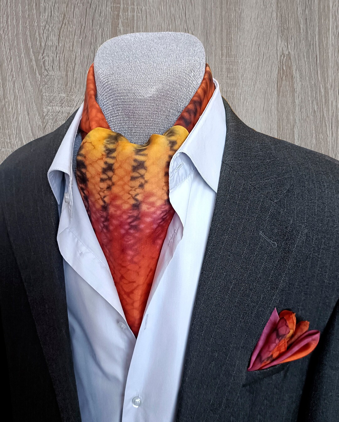 Mens Silk Ascot Scarf Hand Painted Cravat and Kerchief Set Orange Black ...