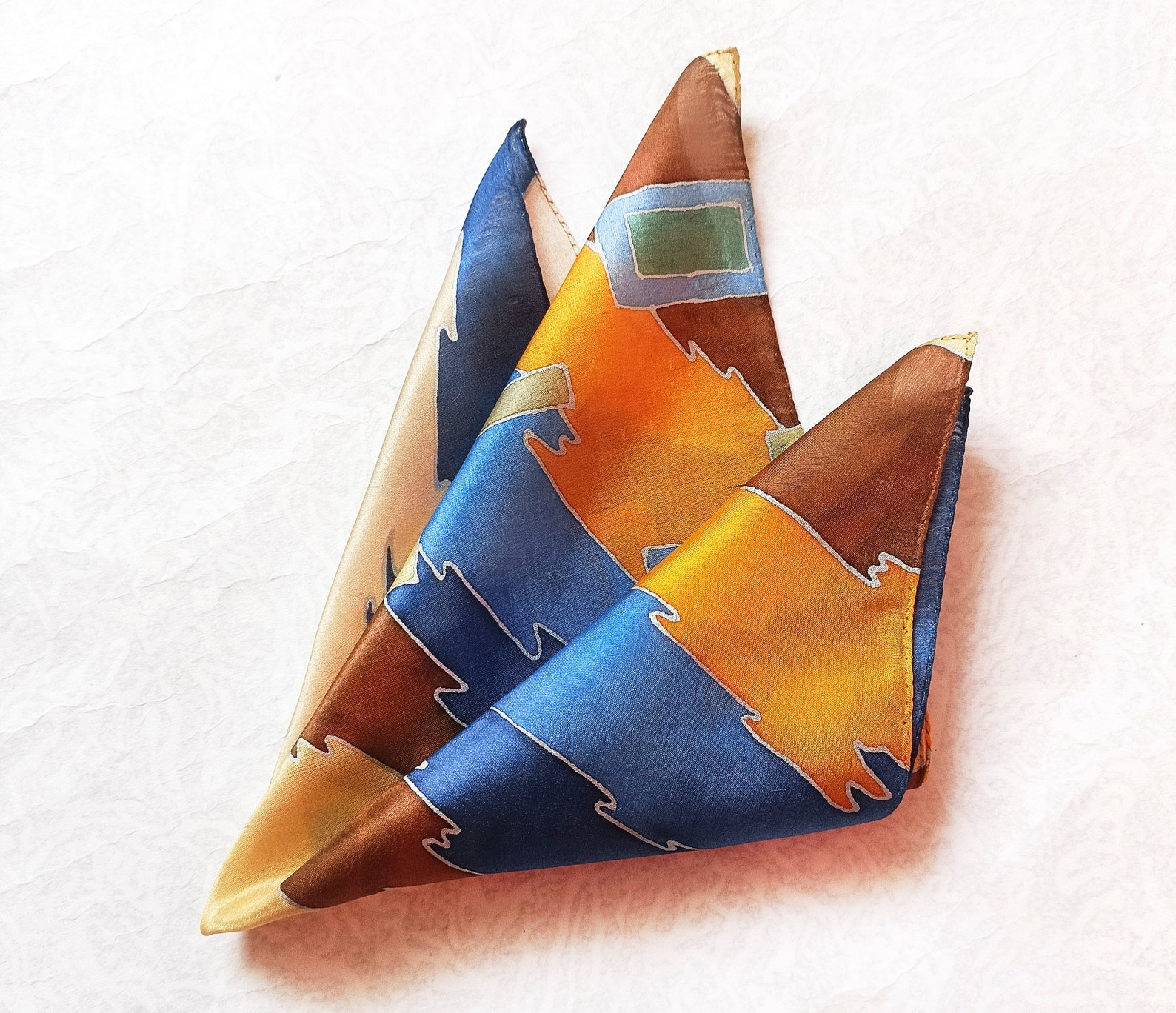 Silk Handkerchief Hand Painted Blue Yellow Brown Orange Unique Handmade ...