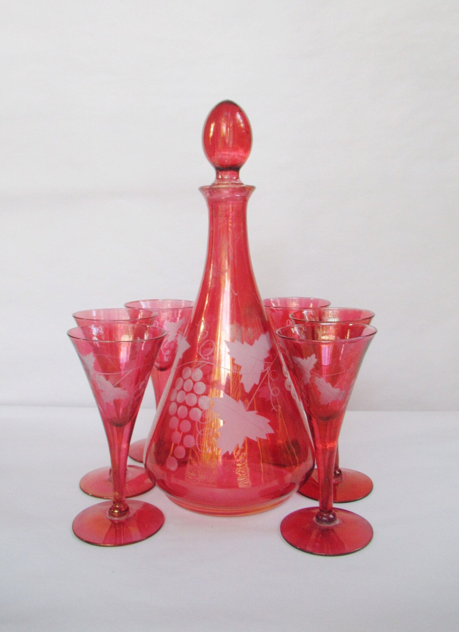Vintage Ruby Decanter and 6 Etched Glasses Set - Etsy