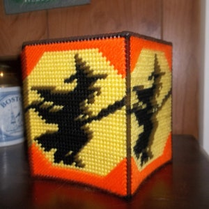 FLYING WITCH Plastic Canvas Tissue Box Topper Handmade Boutique Style ...