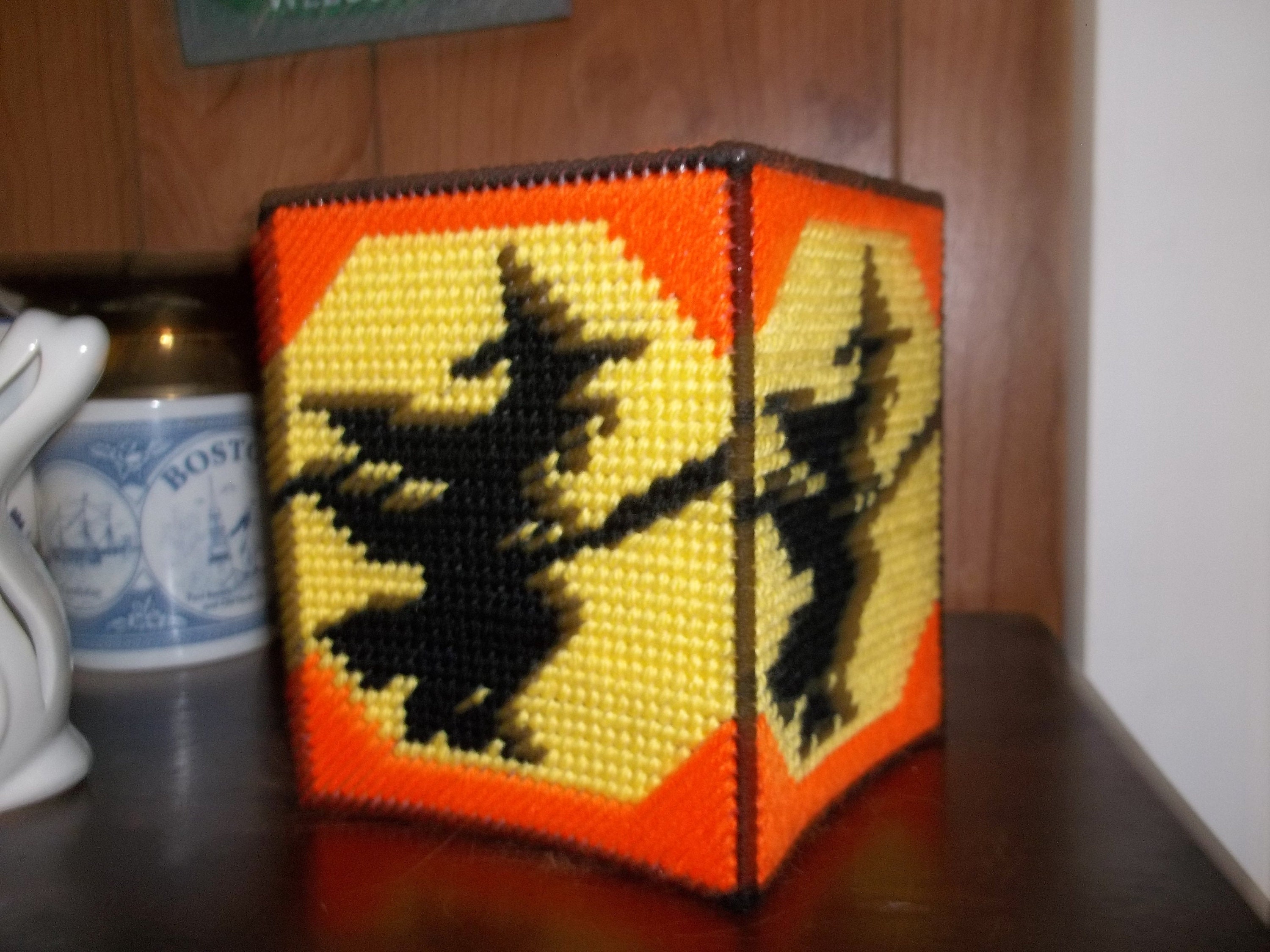 FLYING WITCH Plastic Canvas Tissue Box Topper Handmade - Etsy