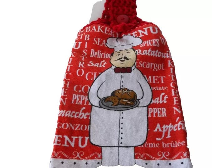 CHEF WITH PLATE Red Towel Double Layer Hanging Kitchen Dish Towel With ...