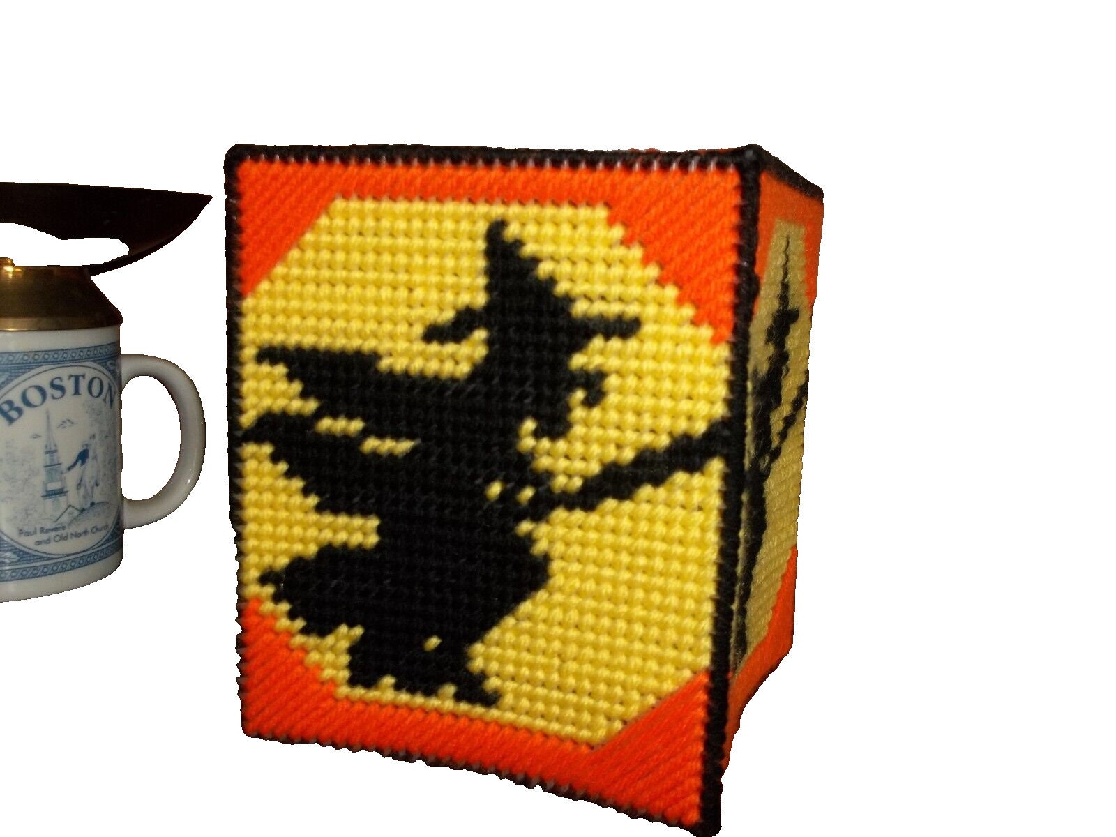 FLYING WITCH Plastic Canvas Tissue Box Topper Handmade Boutique Style ...