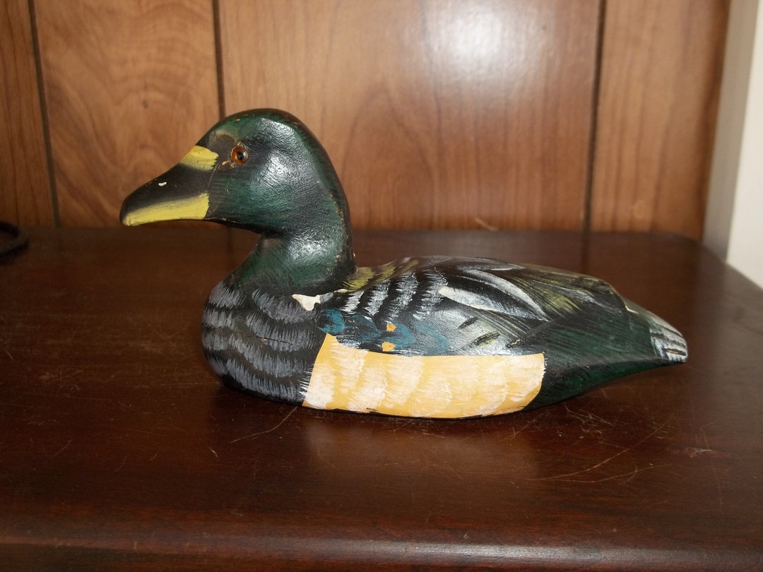 Vintage 6" Solid Wood Duck Decoy Black Green Grey Yellow - Etsy