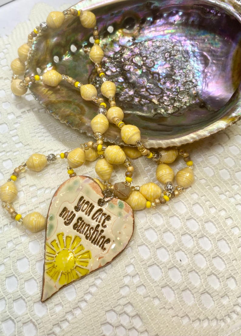 Handmade Paper Bead Necklace: Yellow Ceramic Sunshine Heart Pendant - Etsy