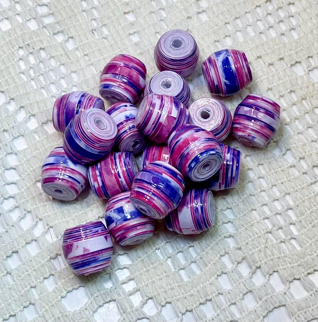 Paper Beads, Loose Handmade, Boho Beads, Shorty Barrel, Tye Dye Pink ...