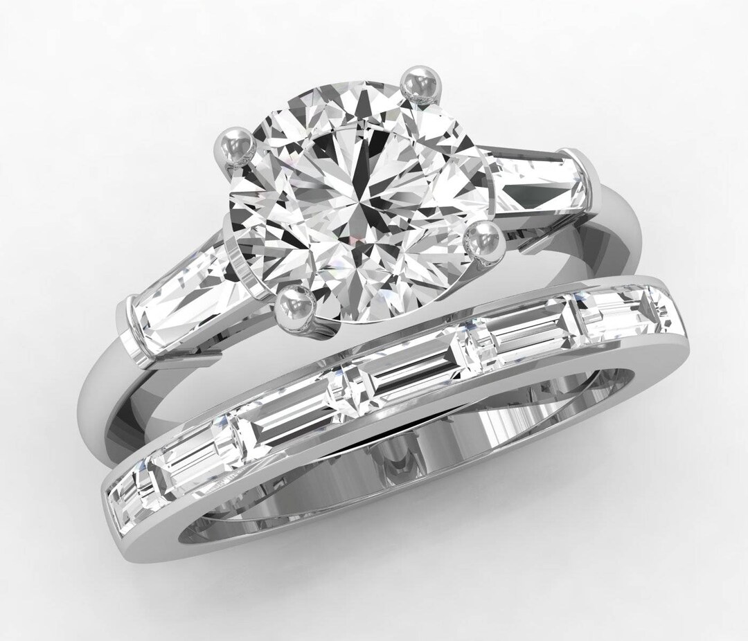 Platinum Moissanite Wedding Ring Set: 2 Carat Round, Baguette Cut Band - Etsy
