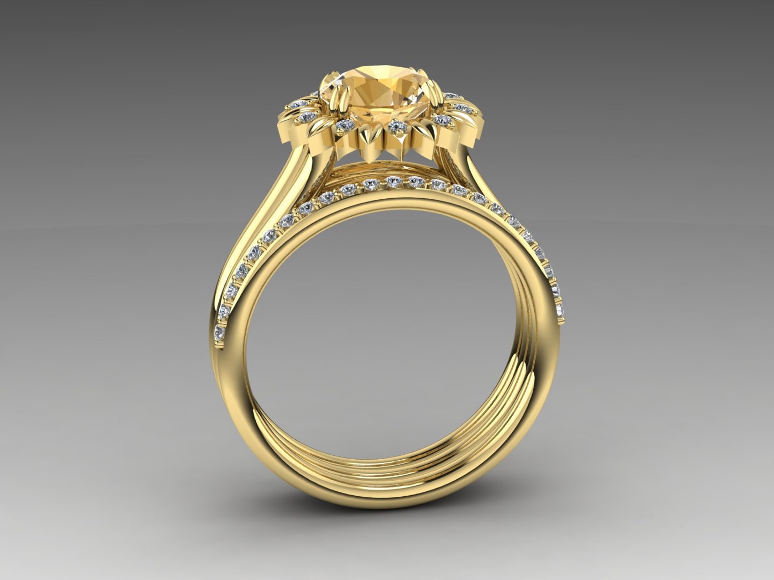 14K Gold Sunflower Ring Set: Citrine & Diamond Floral Engagement Rings ...