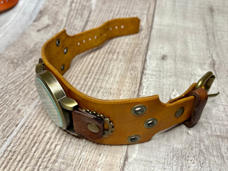 Yellow and Brown Steampunk Watch Wide Cuff; Medium to Large Wrists ...
