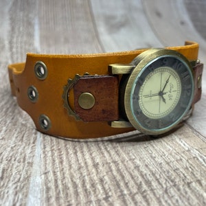 Yellow and Brown Steampunk Watch Wide Cuff; Medium to Large Wrists ...