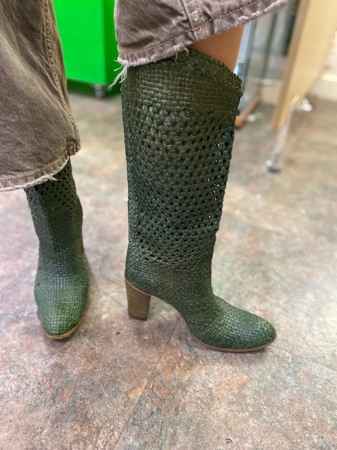 2000s Real Leather Green Weaved Shelly Shoes Boots - Etsy