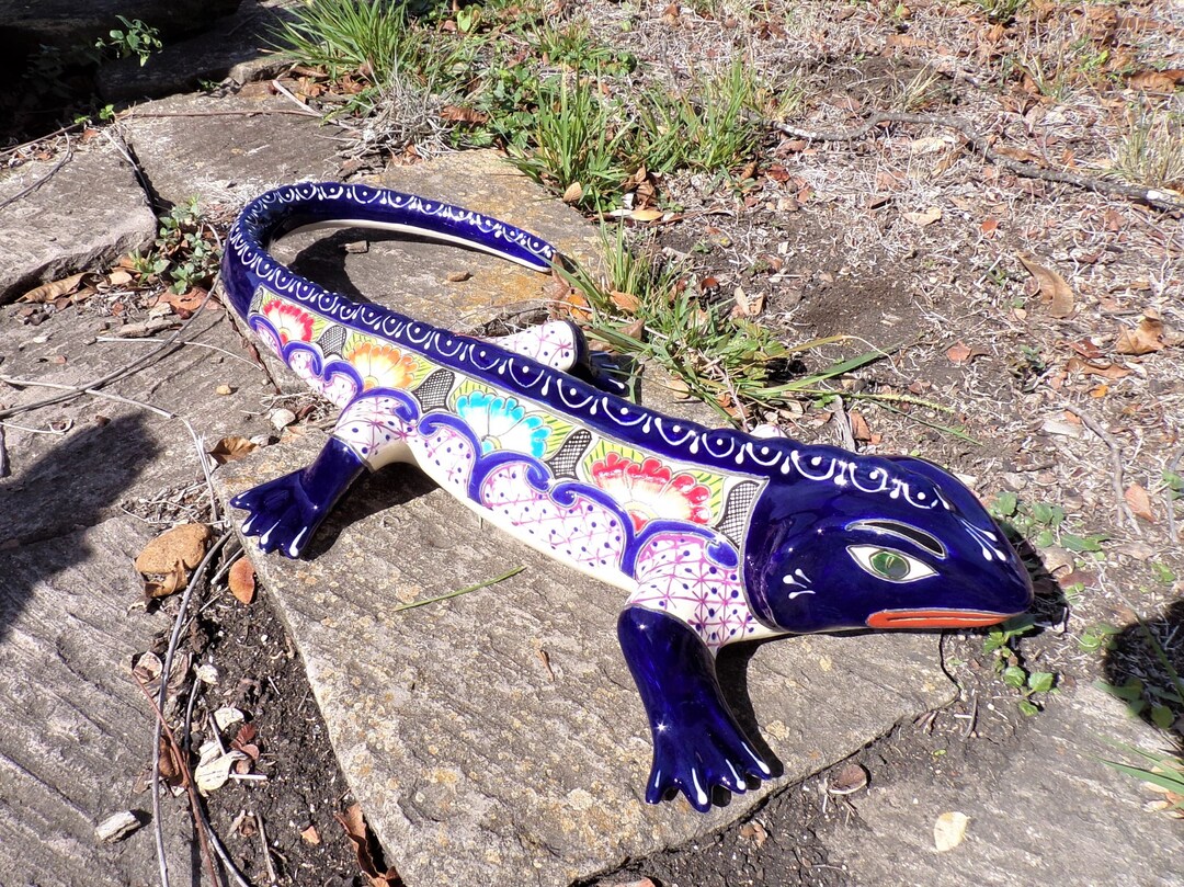 Talavera Large Ceramic Iguana, Decorative Blue Hand Made & Painted ...