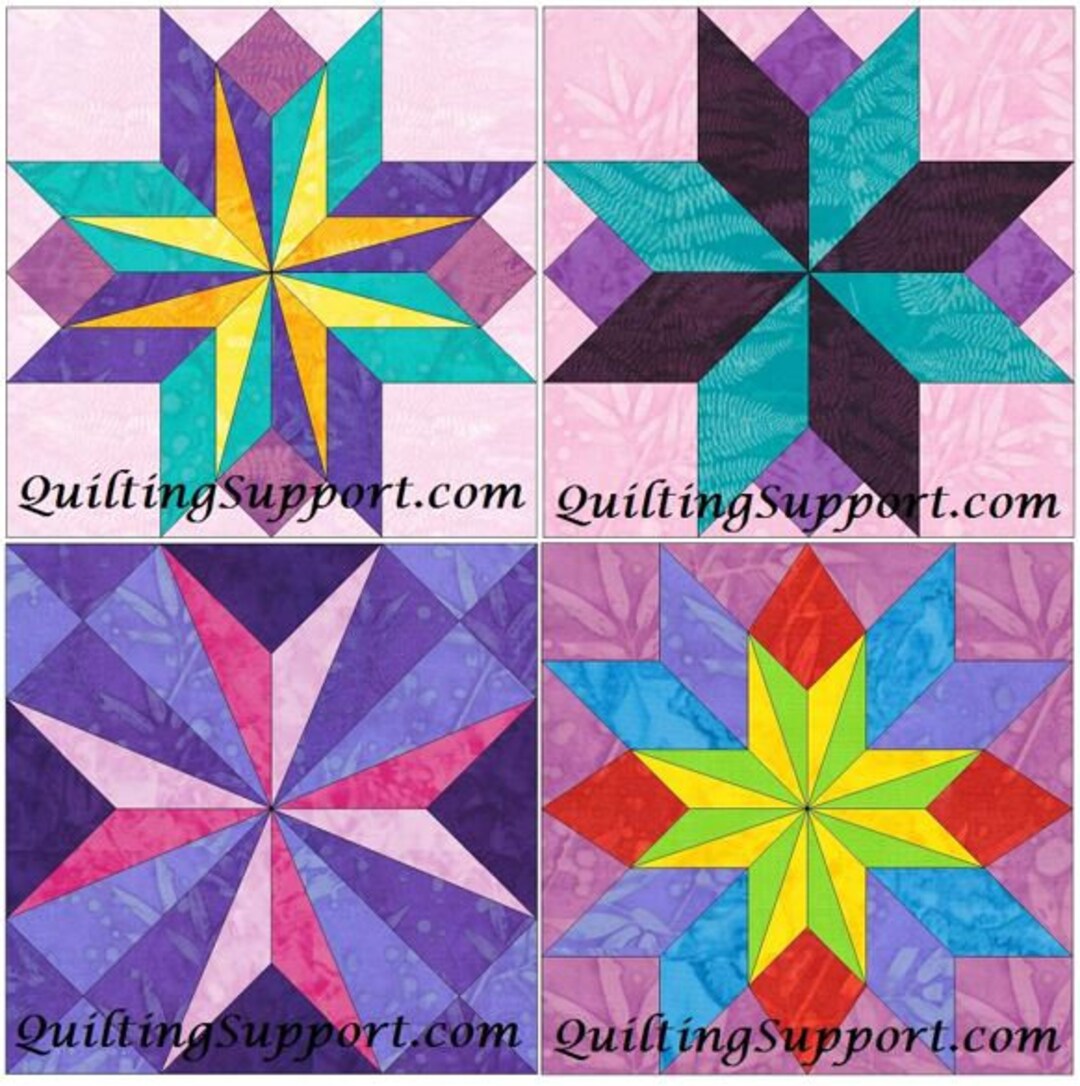 Star Quilt Block Set of 4 - 15 Inch Paper Piece Template Quilting Block ...