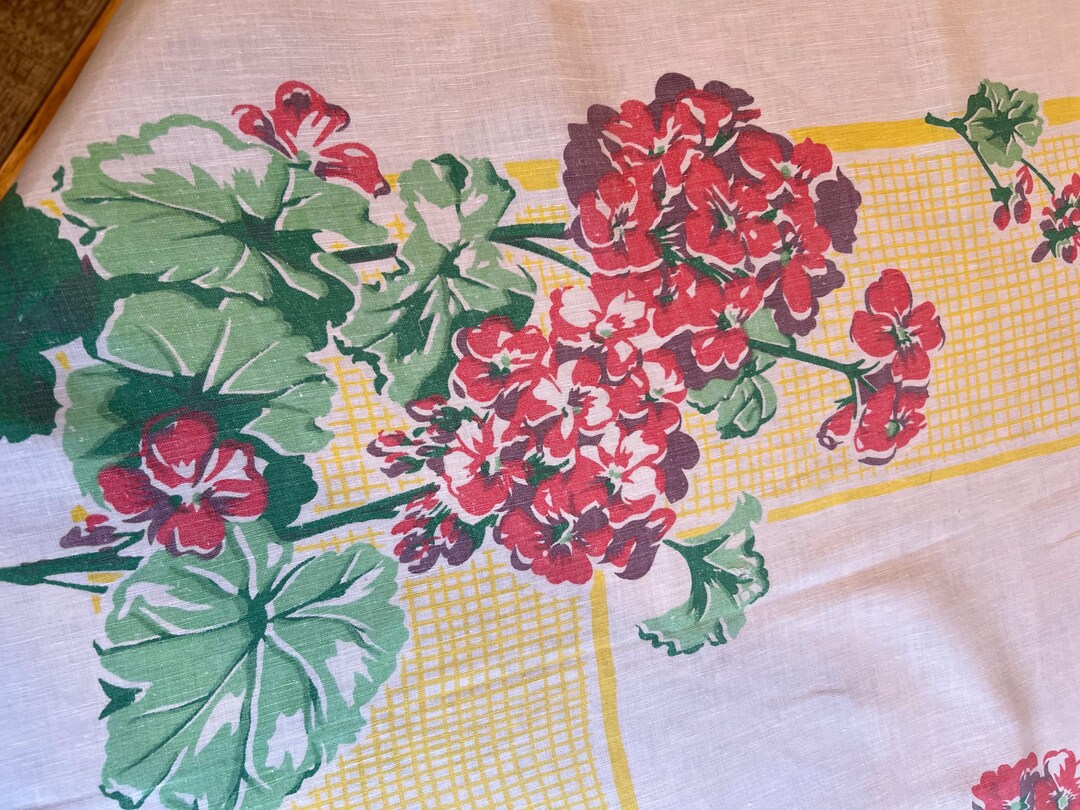 Lovely 50s Red Geranium and Yellow Tablecloth, 46 X 50 Square, Floral ...