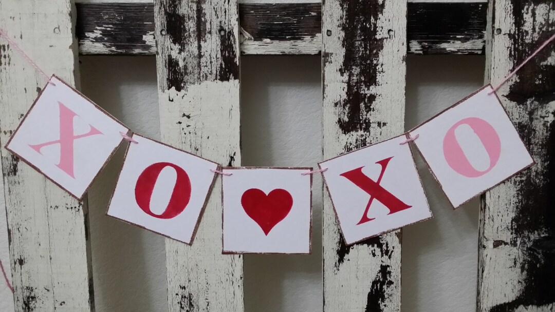 Valentine Banner Garland XO XO Hugs & Kisses Banner Shabby Chic Red and ...