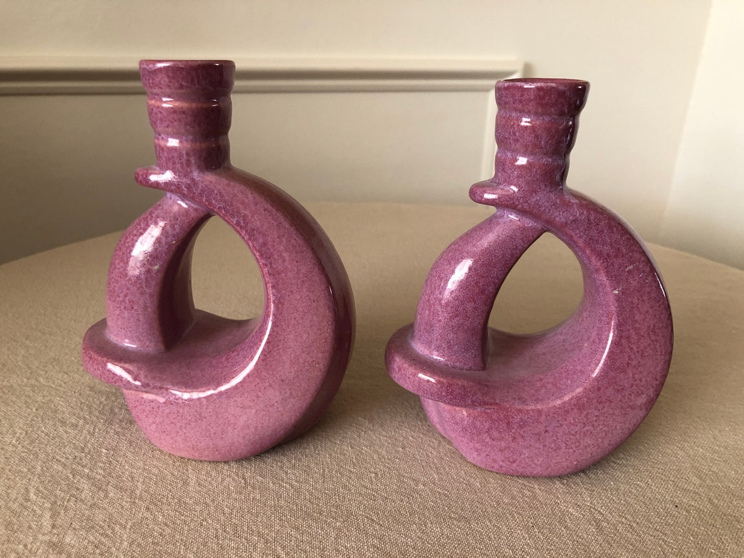 Vintage Frankoma Pottery #305 Candleholder Pair, Red Bud Glaze, 1950s ...