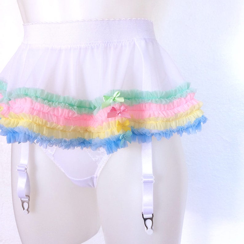 Rainbow Lingerie Set, Pastel Rainbow Bralette and Thong, Ruffled Skirt ...