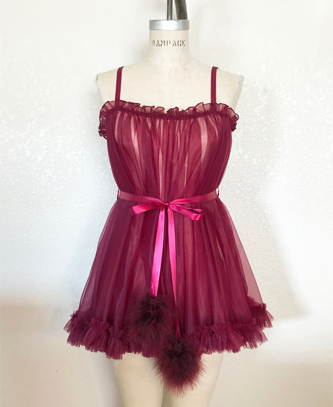 Sheer Vintage Style Babydoll, Ruffled Teddy, Maroon Nightie With Satin ...