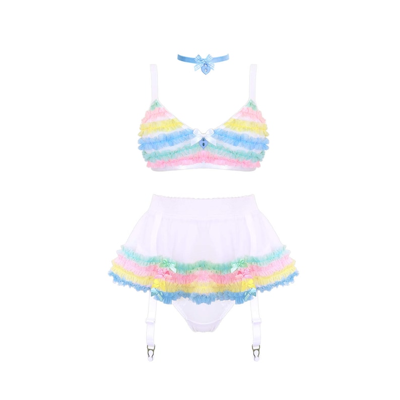 Rainbow Lingerie Set, Pastel Rainbow Bralette and Thong, Ruffled Skirt ...