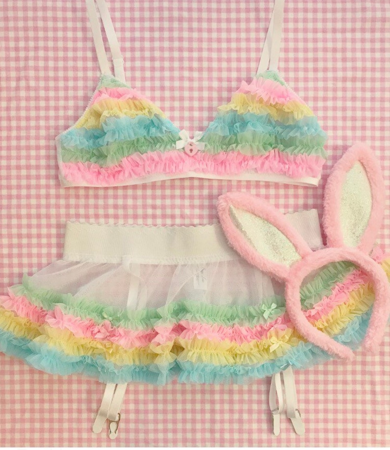 Rainbow Lingerie Set, Pastel Rainbow Bralette and Thong, Ruffled Skirt ...