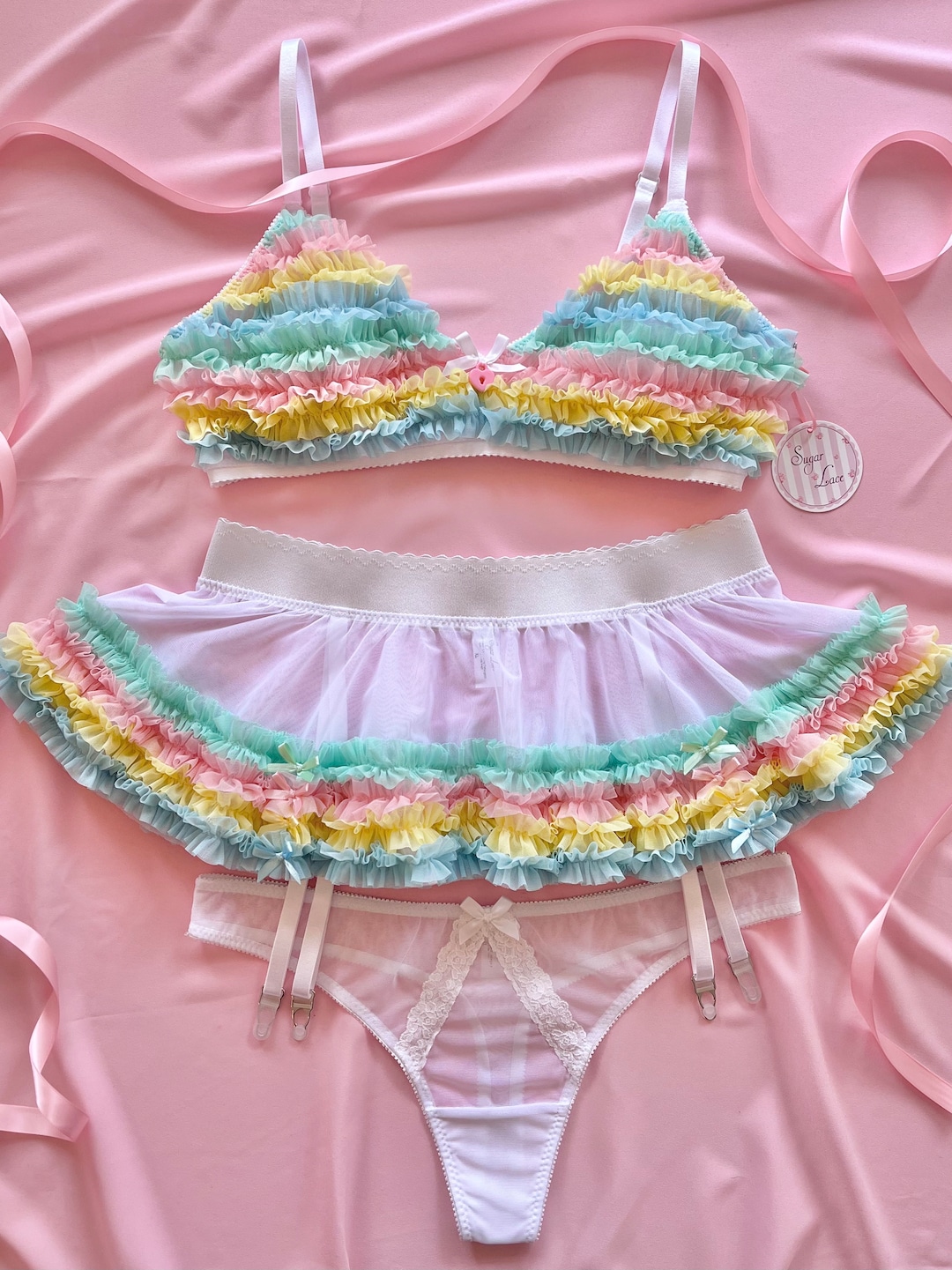 Rainbow Lingerie Set, Pastel Rainbow Bralette and Thong, Ruffled Skirt ...