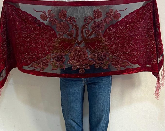 80s Silk Burn Out Red and Silver Velvet Scarf With Peacocks and Fringe ...