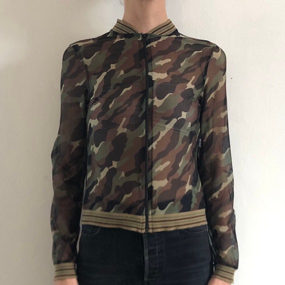 Y2K Anti-Flirt Camo Camouflage Sheer Mesh Zip Up Crop… - Gem