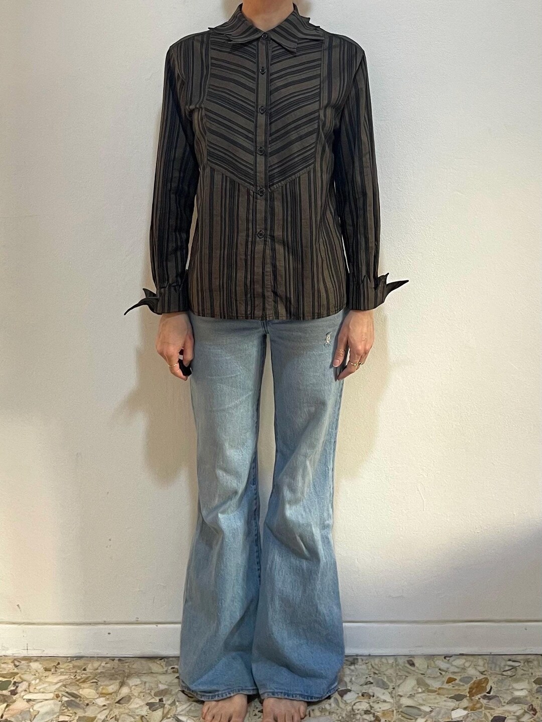 80s Kenzo Paris Jester Collar and Cuffs Striped Cotton Tuxedo Blouse ...