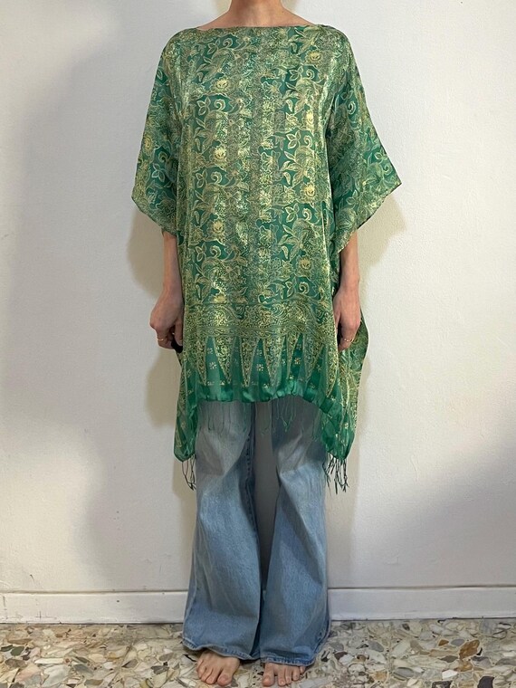 80s Sheer Indian Sheer Silk Poncho Top Green With Yel… - Gem