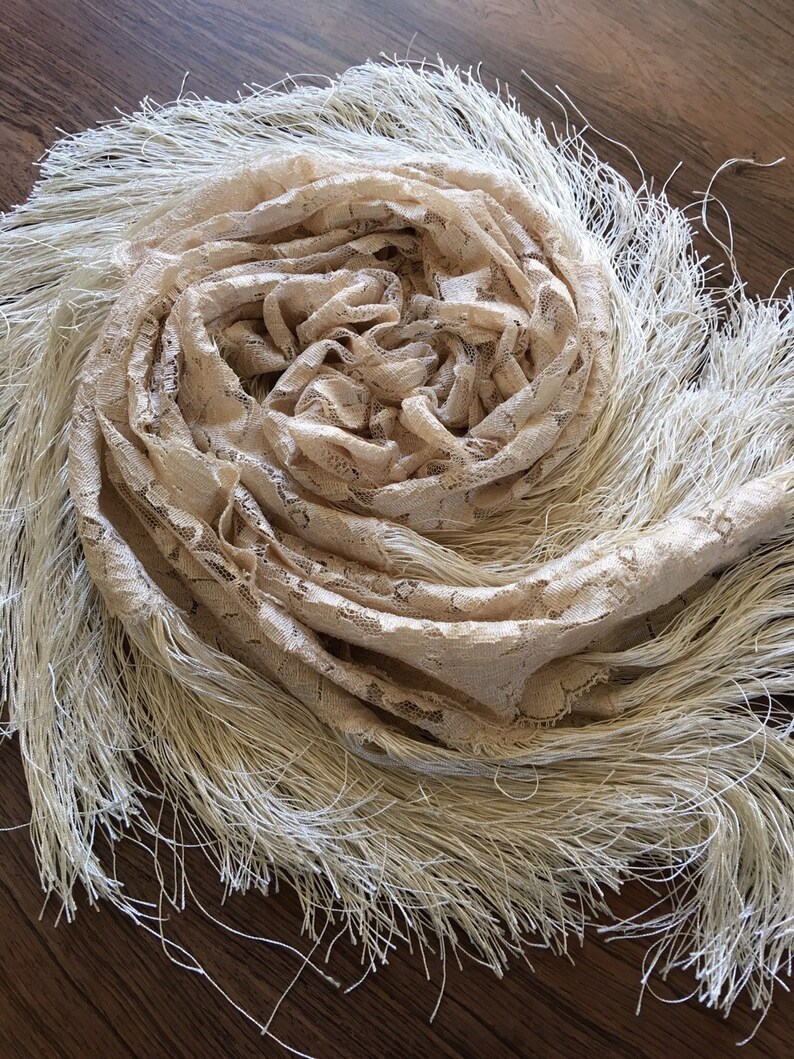 70s Lace Net Embroidered Half Moon Romantic Boho Fringe Scarf | Etsy