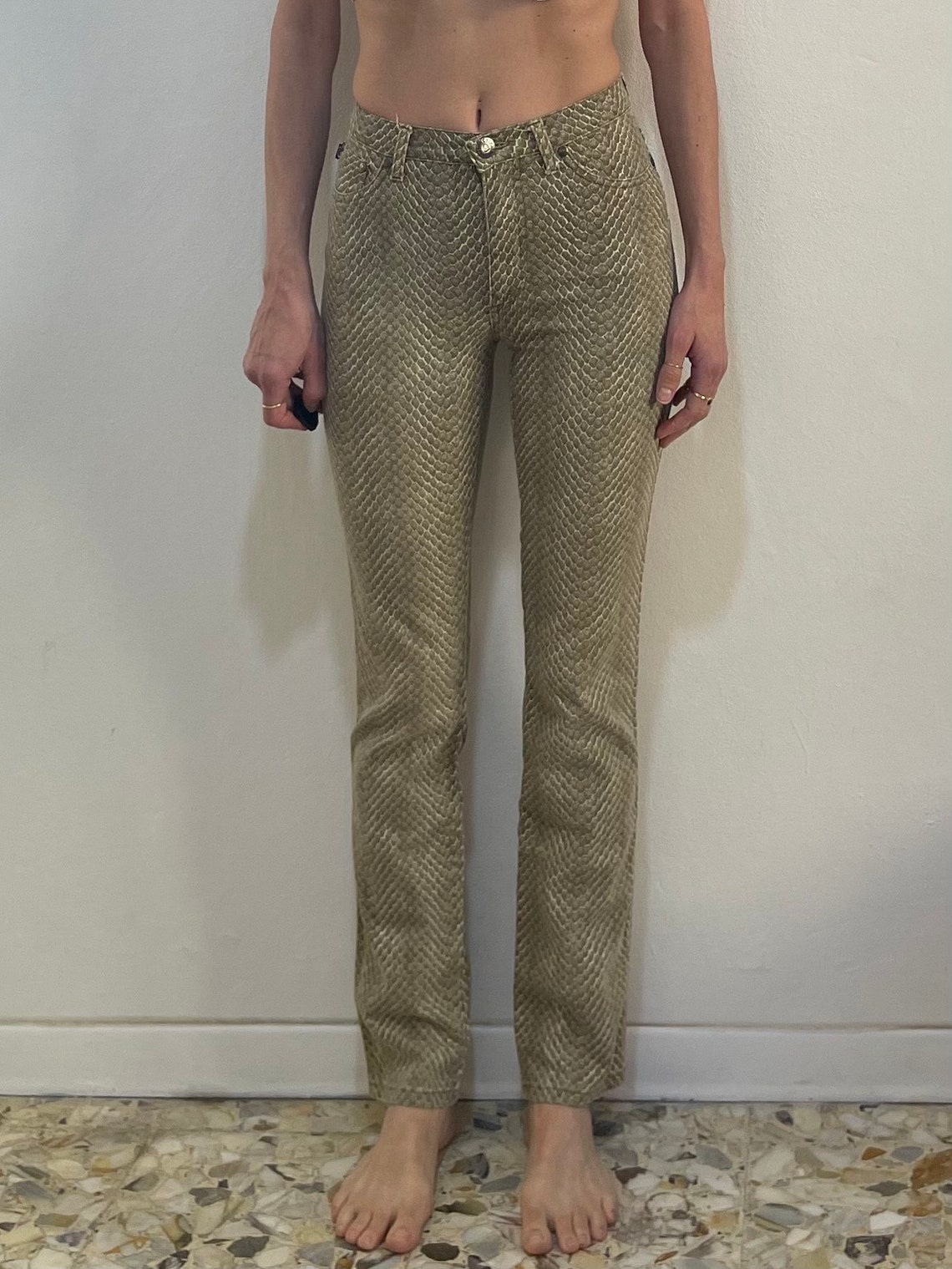 90s Cavalli Beige Snake Skin Euro Trash Stretch Skinny Jeans Extra ...
