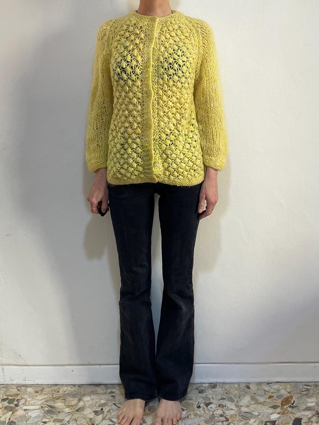 60s Yellow Hand Knit Wool Cardigan Made in Italy Open Lace Work Sweater ...