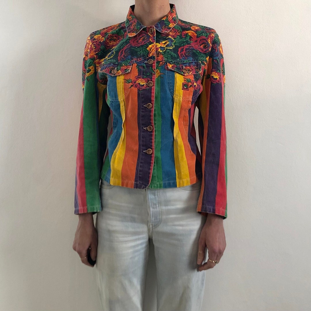 90s Kenzo Jeans Floral Rainbow Print Multi Color Art School Denim ...