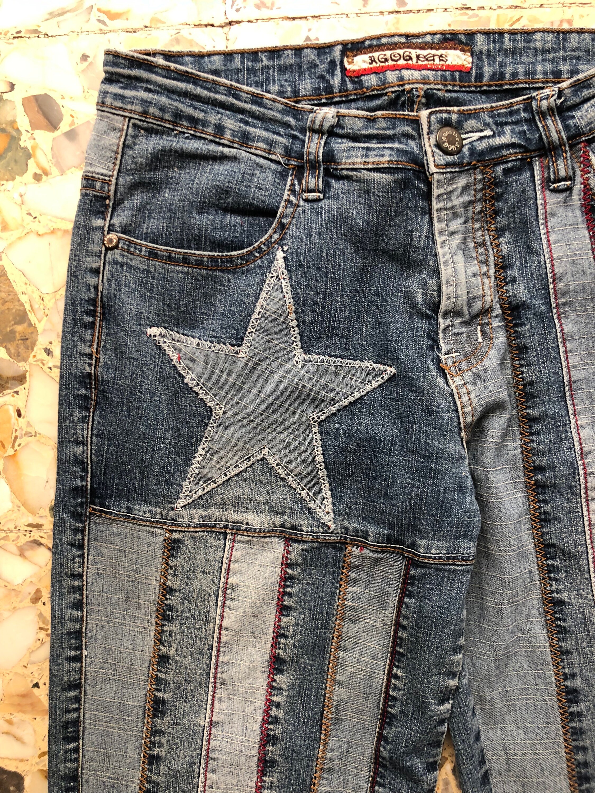90s Stars and Stripes Patchwork Bell Bottom Flare Leg Faded Denim Jeans ...