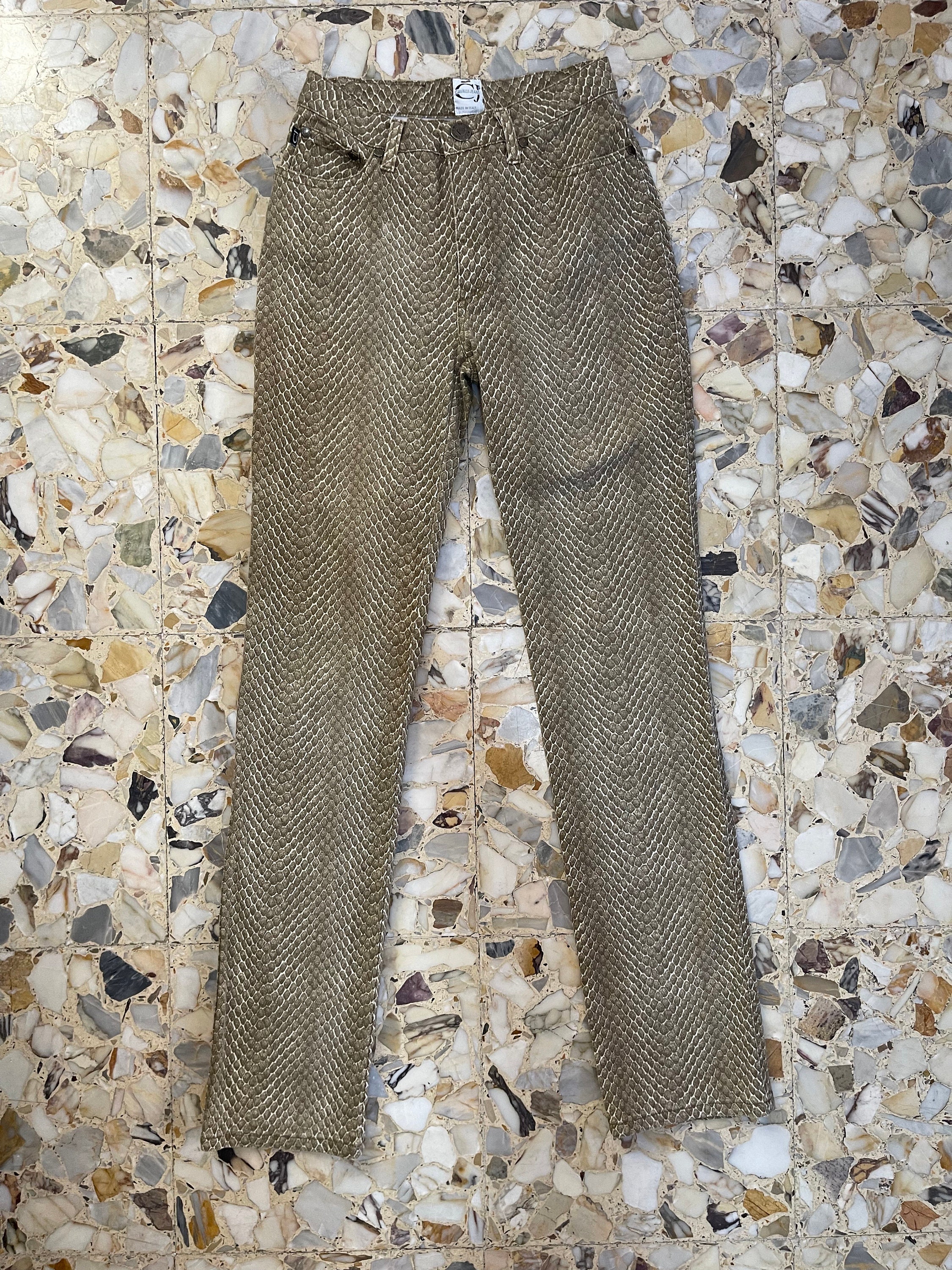 90s Cavalli Beige Snake Skin Euro Trash Stretch Skinny Jeans Extra ...