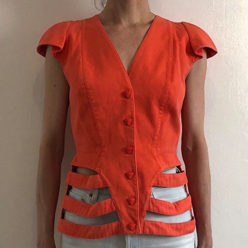 80s Thierry Mugler Avant Garde Cut Out Cage Jacket Neon Orange Snap Up ...