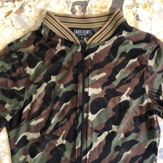 Y2K Anti-Flirt Camo Camouflage Sheer Mesh Zip Up Crop… - Gem