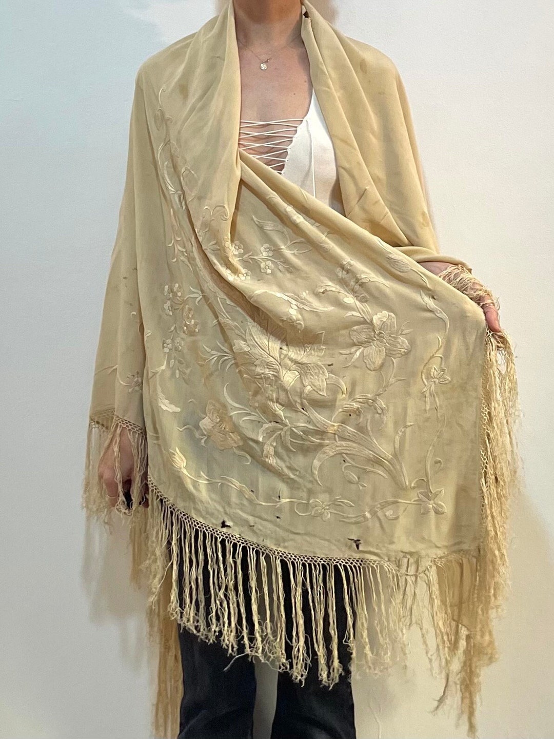 Antique Research Piece Damaged Fringe Silk Scarf With Hand Embroidered ...