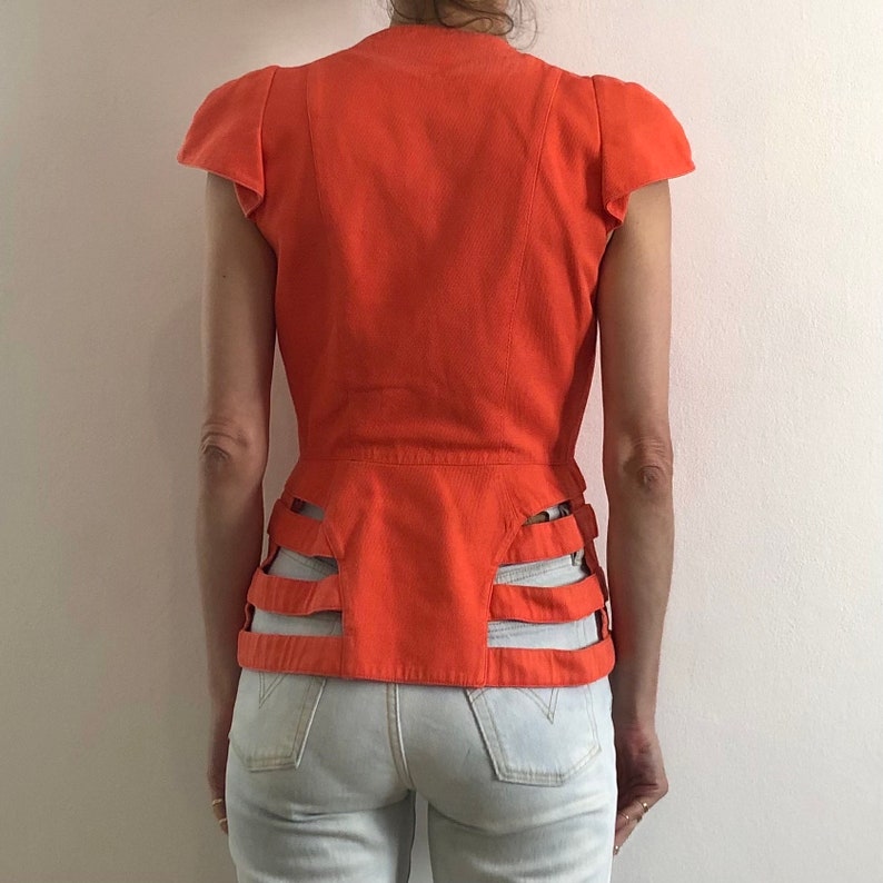 80s Thierry Mugler Avant Garde Cut Out Cage Jacket Neon Orange Snap Up ...