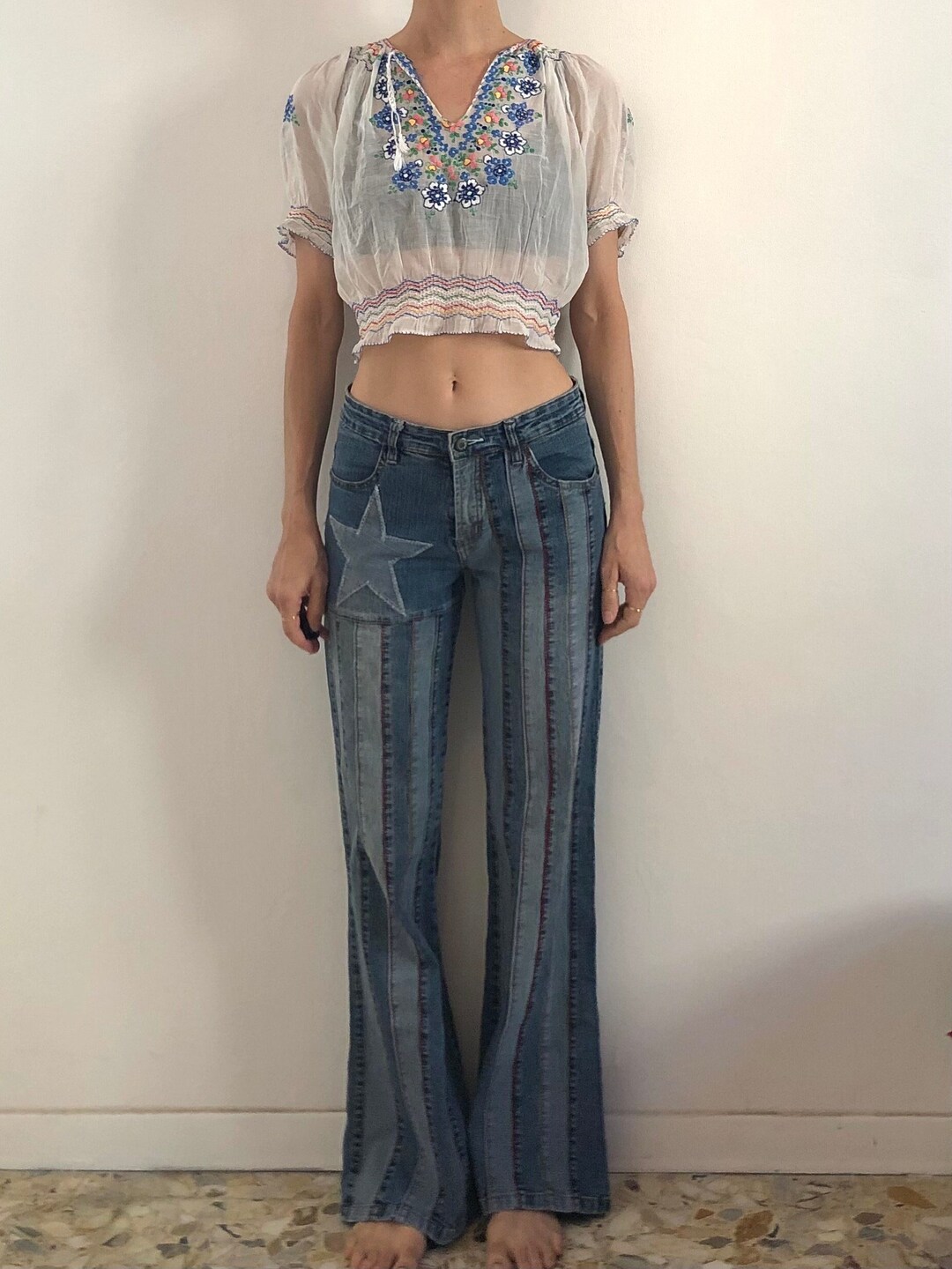 90s Stars and Stripes Patchwork Bell Bottom Flare Leg Faded Denim Jeans ...