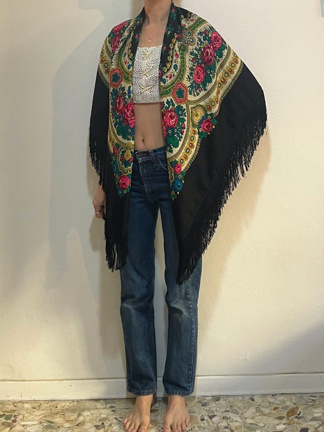 70s Gypsy Floral Multi Color Wool Maxi Scarf With Crochet Fringe Border ...