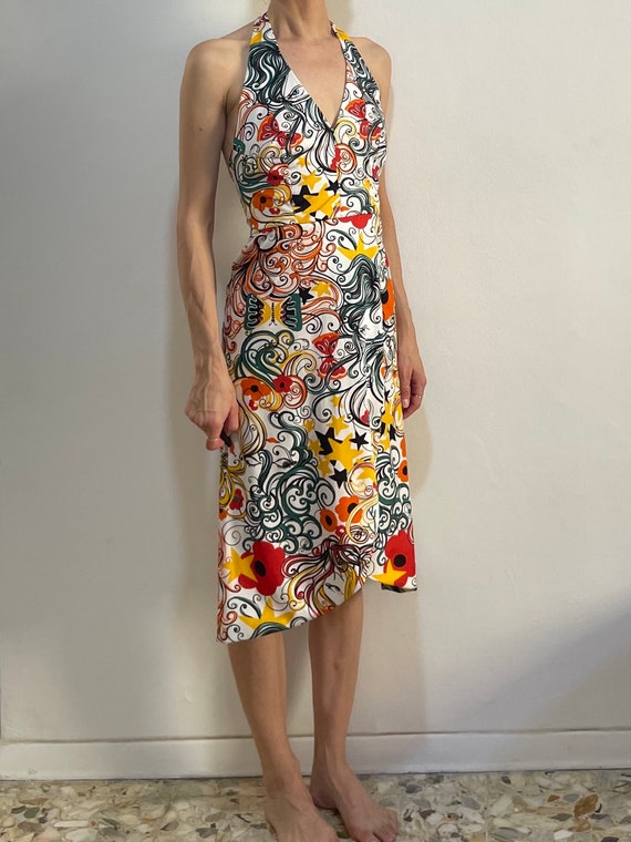70s Peter Max Psychedelic Faces Poly Halter Dress Sma… - Gem