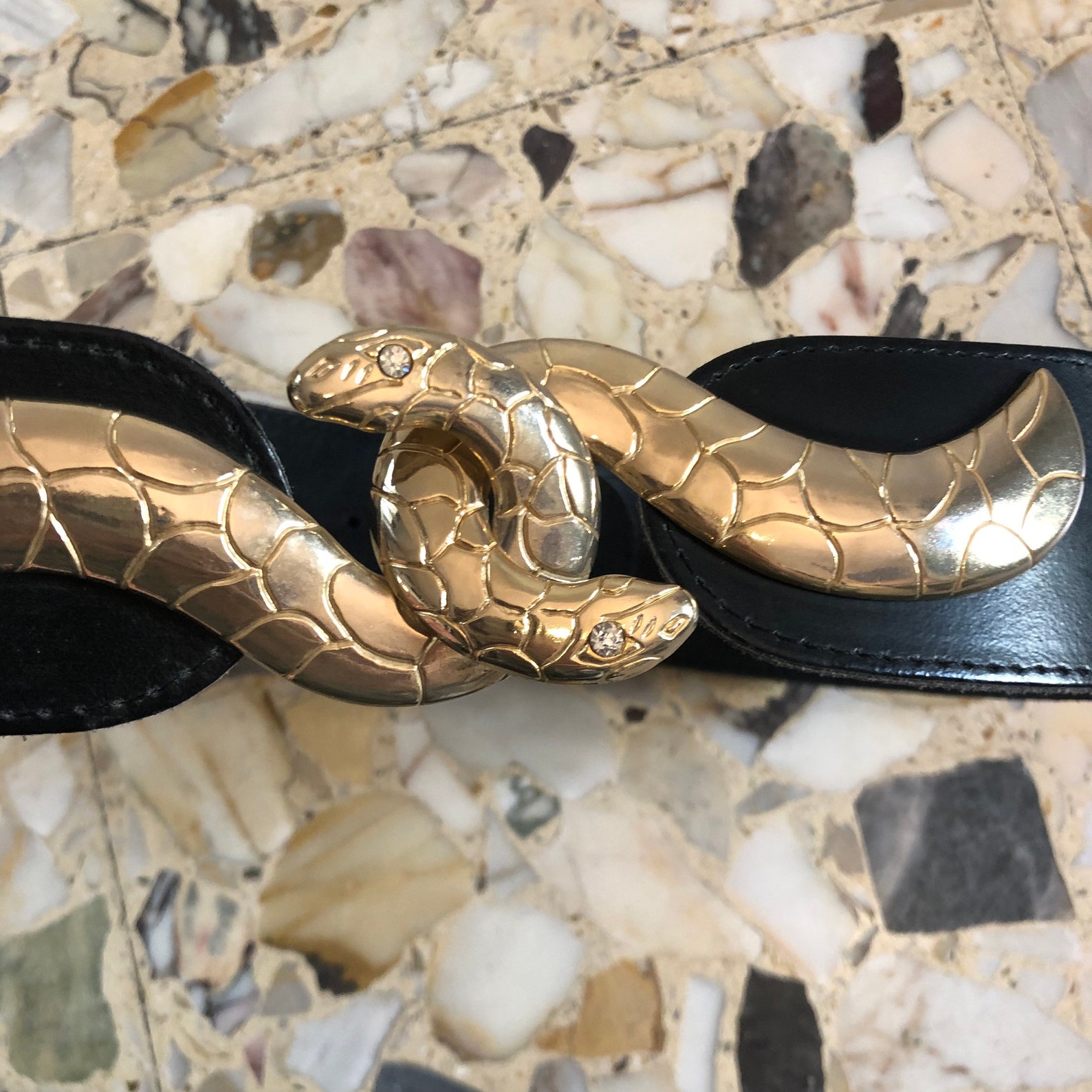 80s Snake Interlocking Black Leather Boho Heavy Metal Belt Silver ...