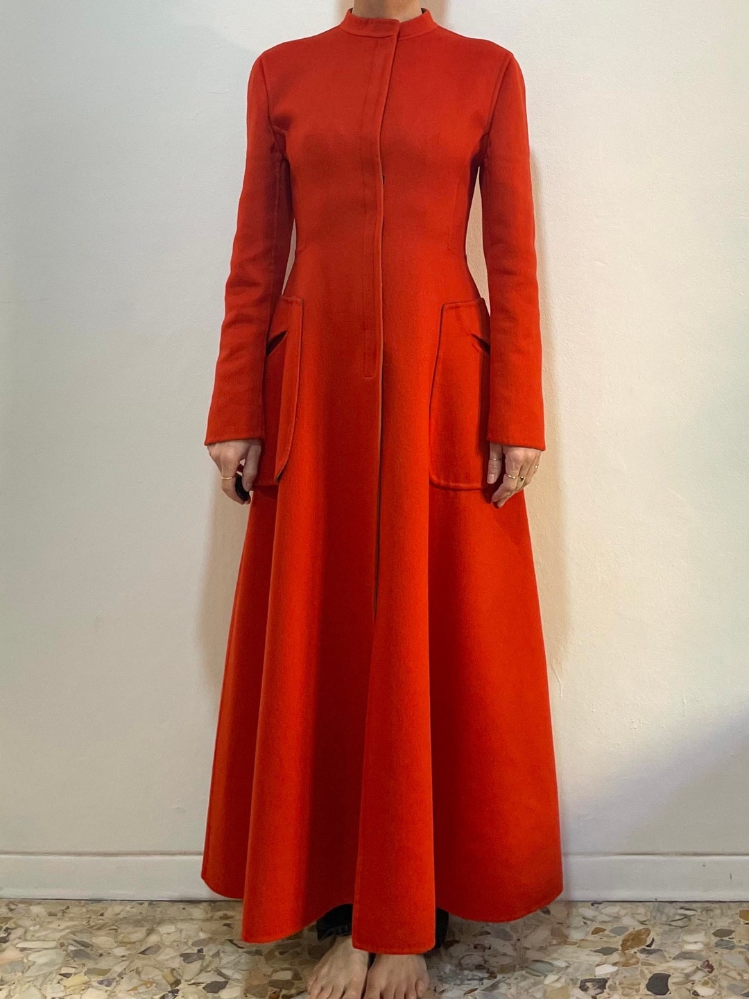 90s Stephen Sprouse Cashmere Long Coat: Red Orange, Velcro Closure ...