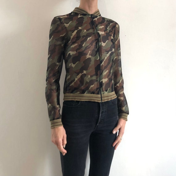 Y2K Anti-Flirt Camo Camouflage Sheer Mesh Zip Up Crop… - Gem