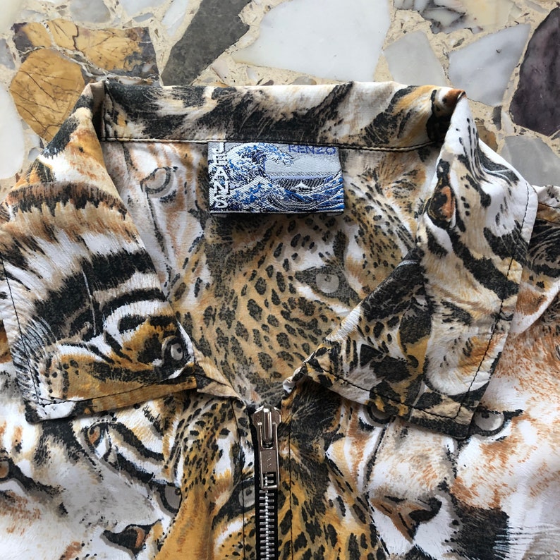 80s Kenzo Zip up All Over Tiger Lion Animal Print Cropped Shirt Jacket ...