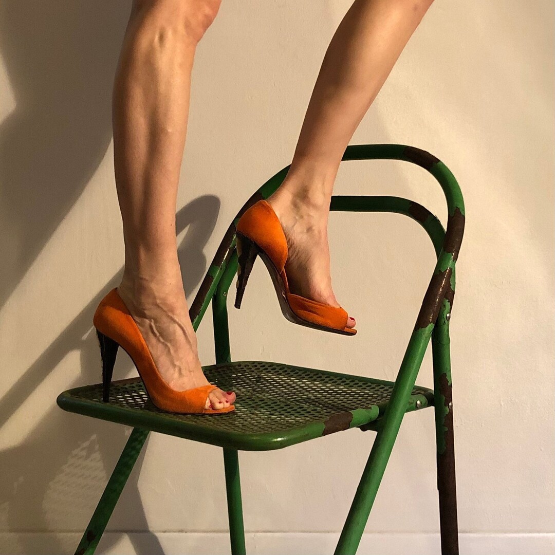 Y2K Miu Miu Orange Suede Peek-a-boo Open Toe Sandal With Jeweled Art ...