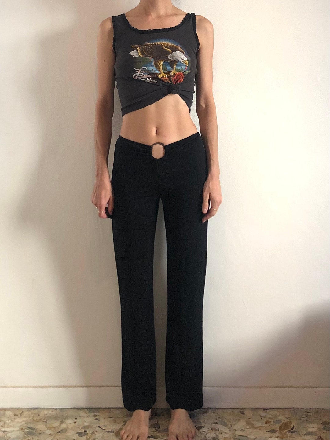 90s Vivienne Tam O Ring Low Waist Flare Leg Black Rayon Club Kid Pants ...
