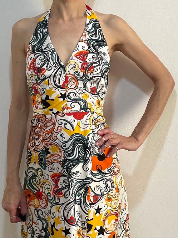 70s Peter Max Psychedelic Faces Poly Halter Dress Sma… - Gem