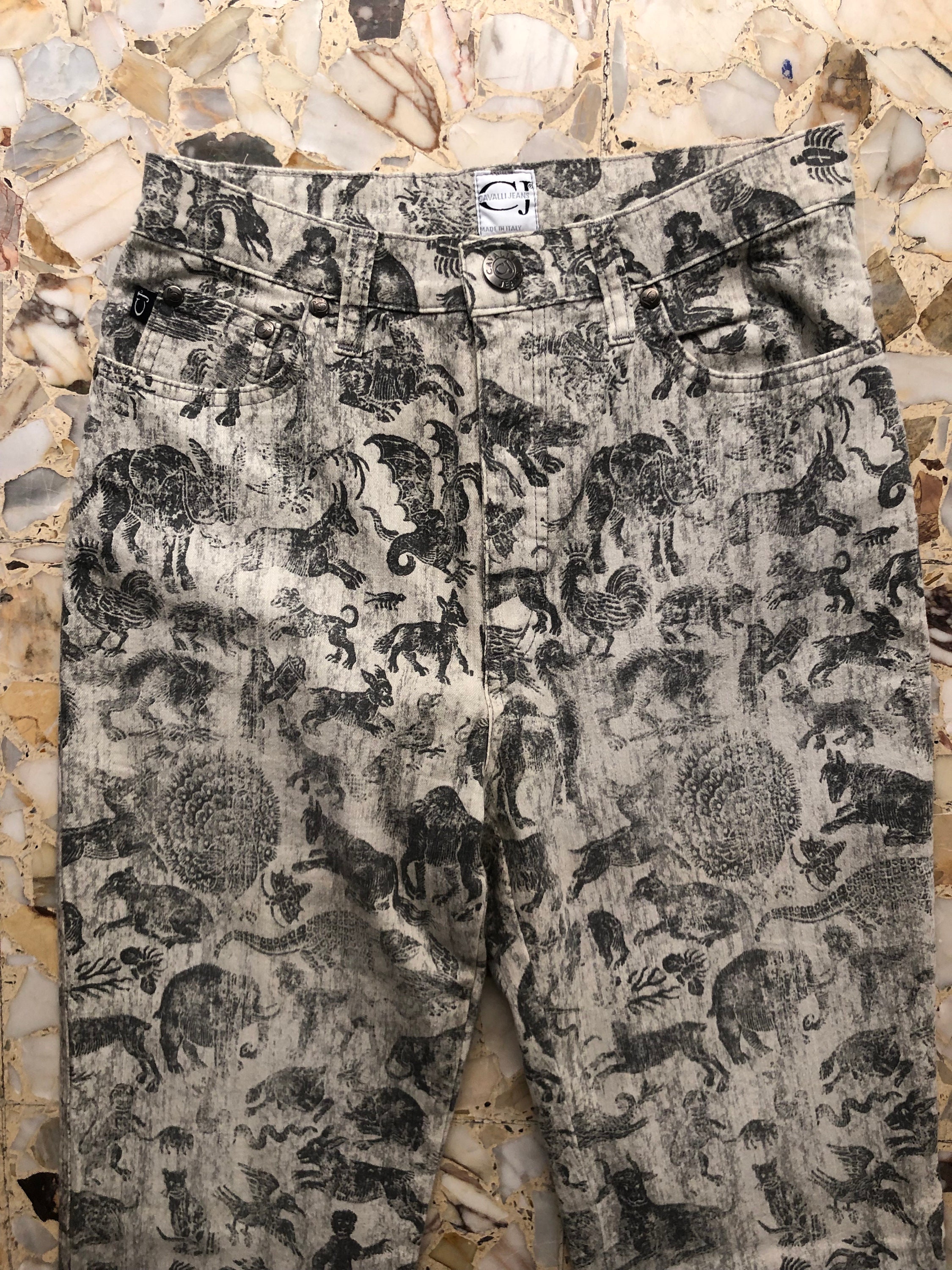 90s Cavalli Spooky Mythical Animals Tapestry Print Stretch Skinny Jeans ...